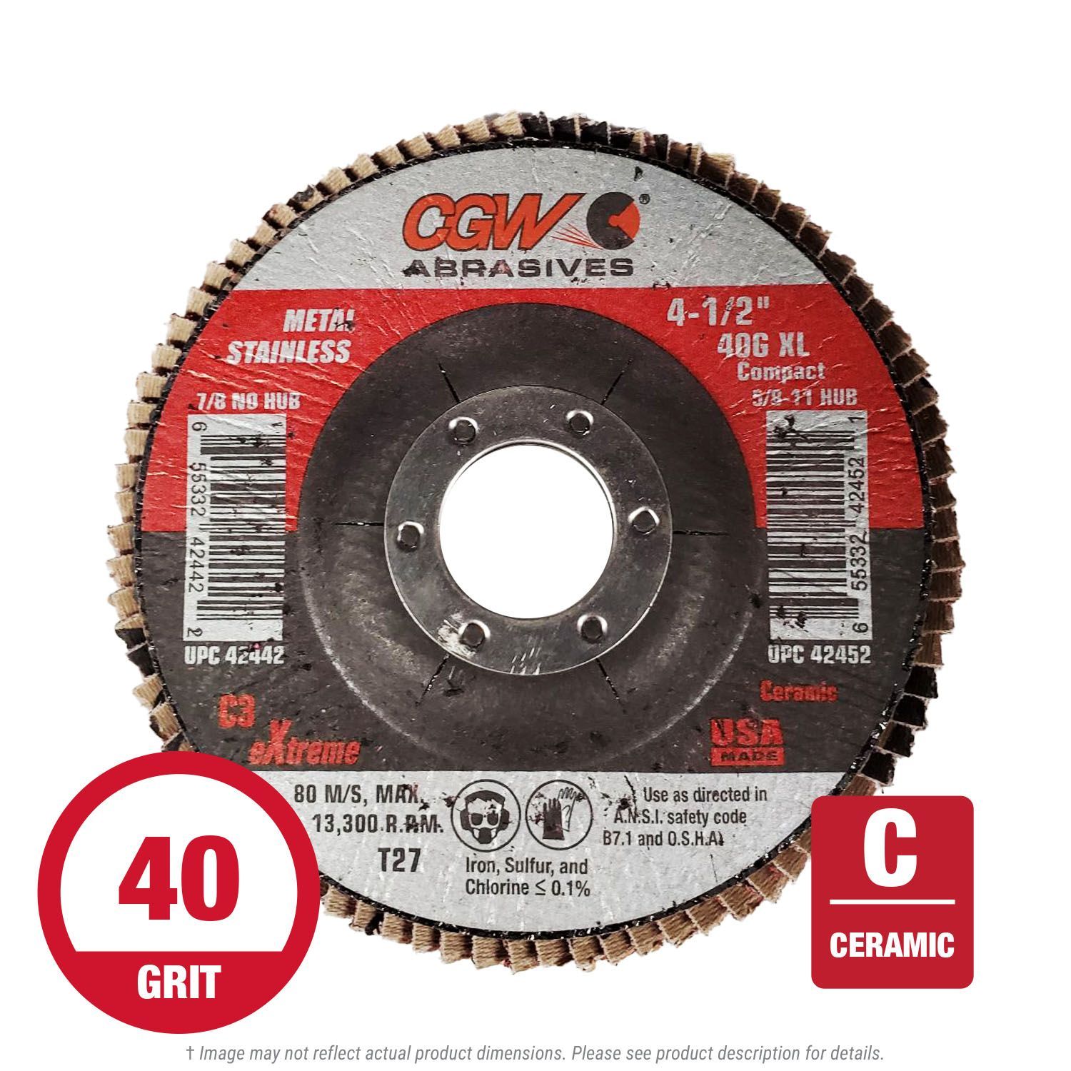 CGW 4-1/2" X 7/8" C3 Ceramic XL Flap Disc, T27, 40 Grit, 10 per Box | K ...