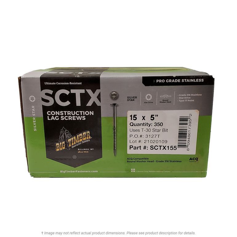 #15 x 5" Big Timber 316 Stainless SCTX T-30 Star Drive Construction Screw - 350 per Case | K.L. Jack